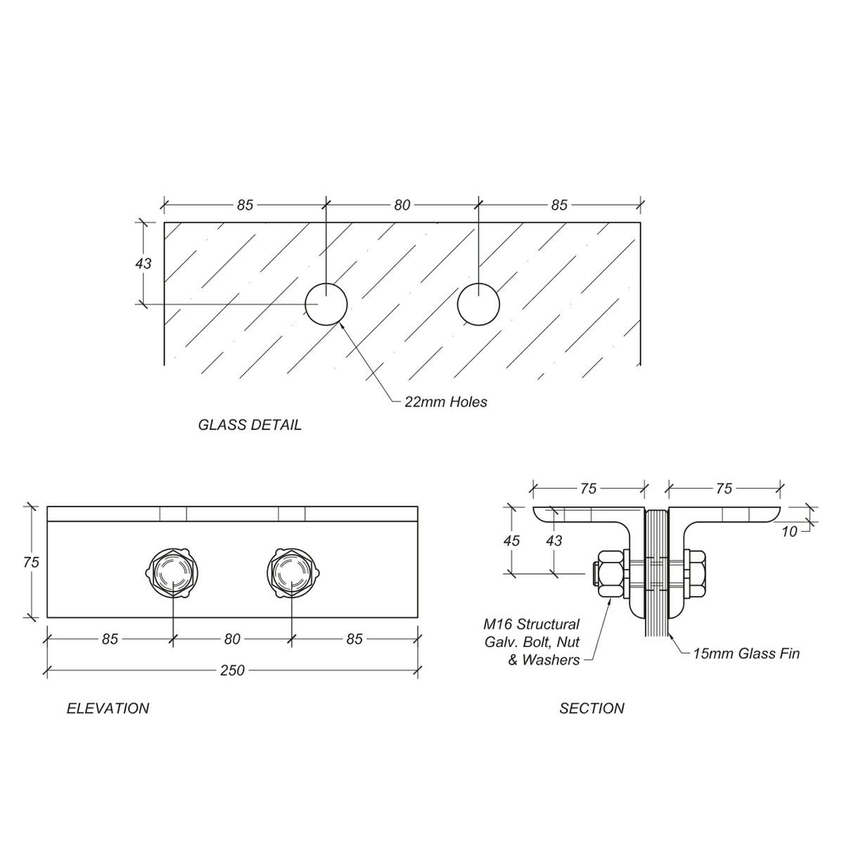 Structural Glass Fin Hanger Bracket - 250mm Long - Satin Stainless ...