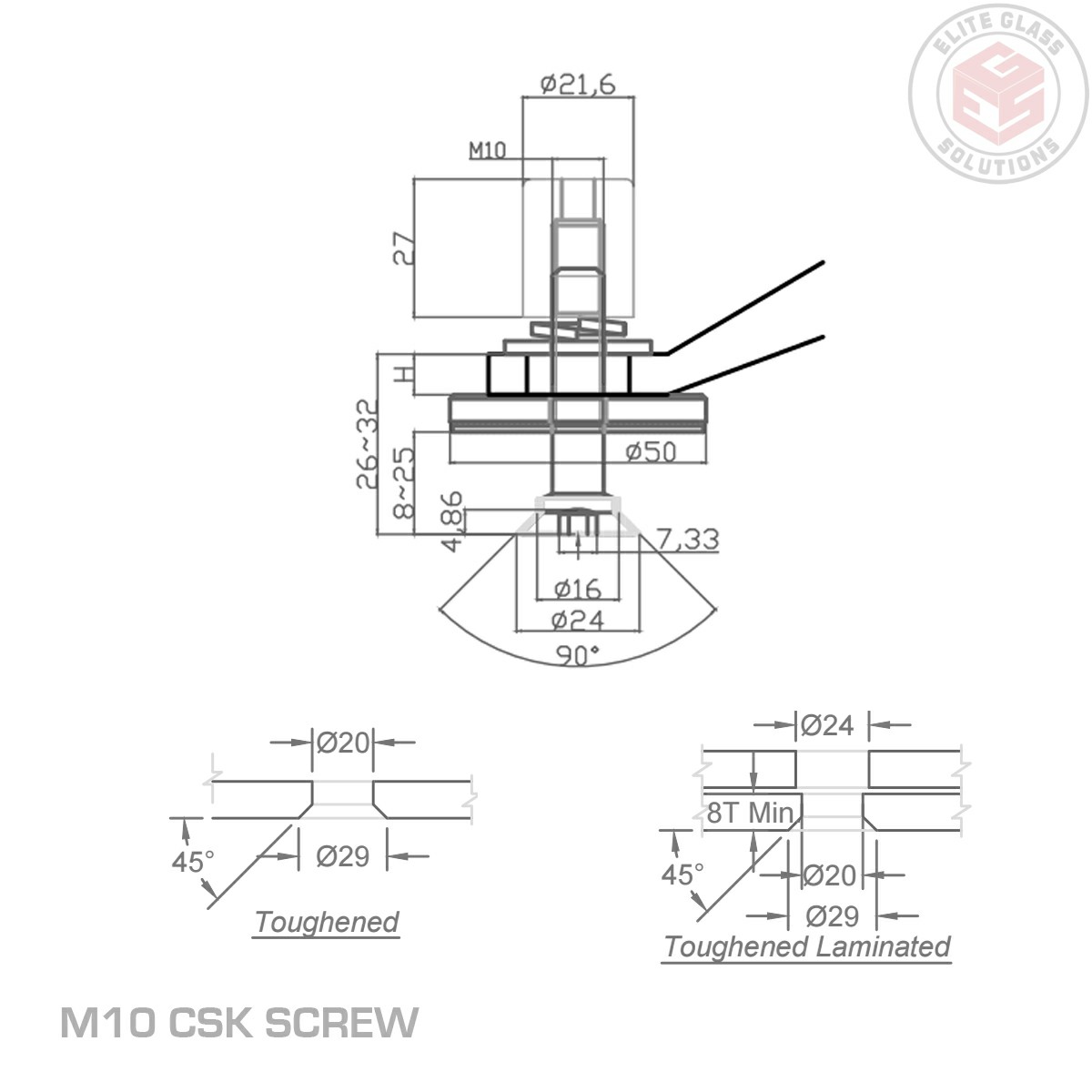 M10 Countersunk Screw Routel - Elite Glass Solutions