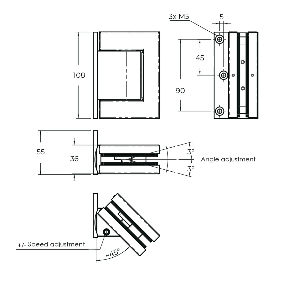 Casma Latus Hydraulic Glass to Wall Hinge with Offset Plate - Satin ...