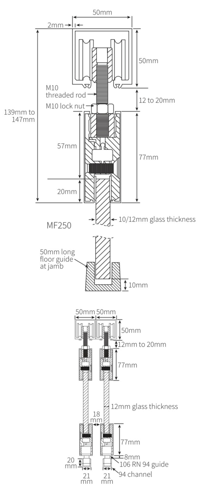 Sliding Door System - 2000mm Long - 250kg - Elite Glass Solutions