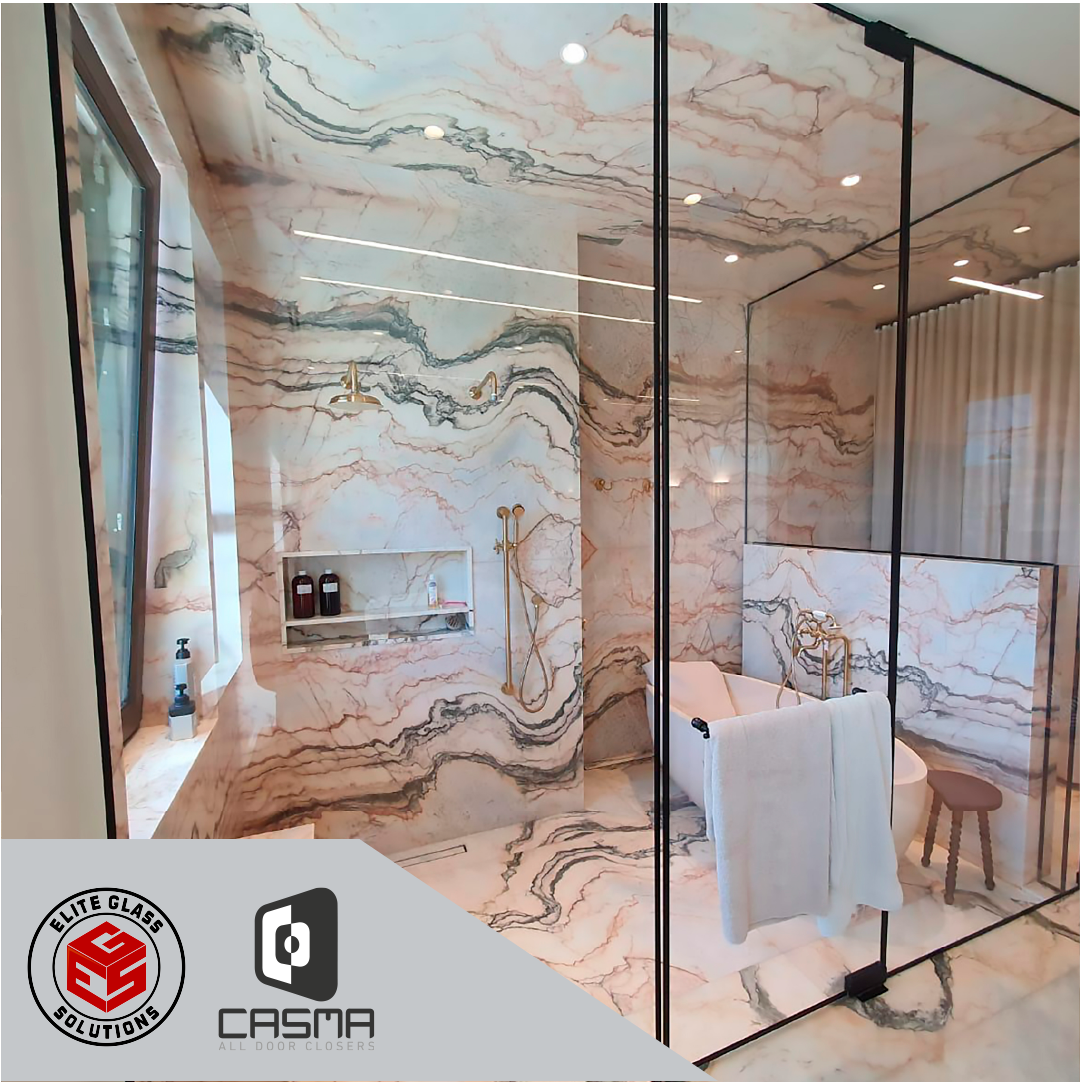 CASMA frenum parts used in marble bathroom - Elite Glass Solutions